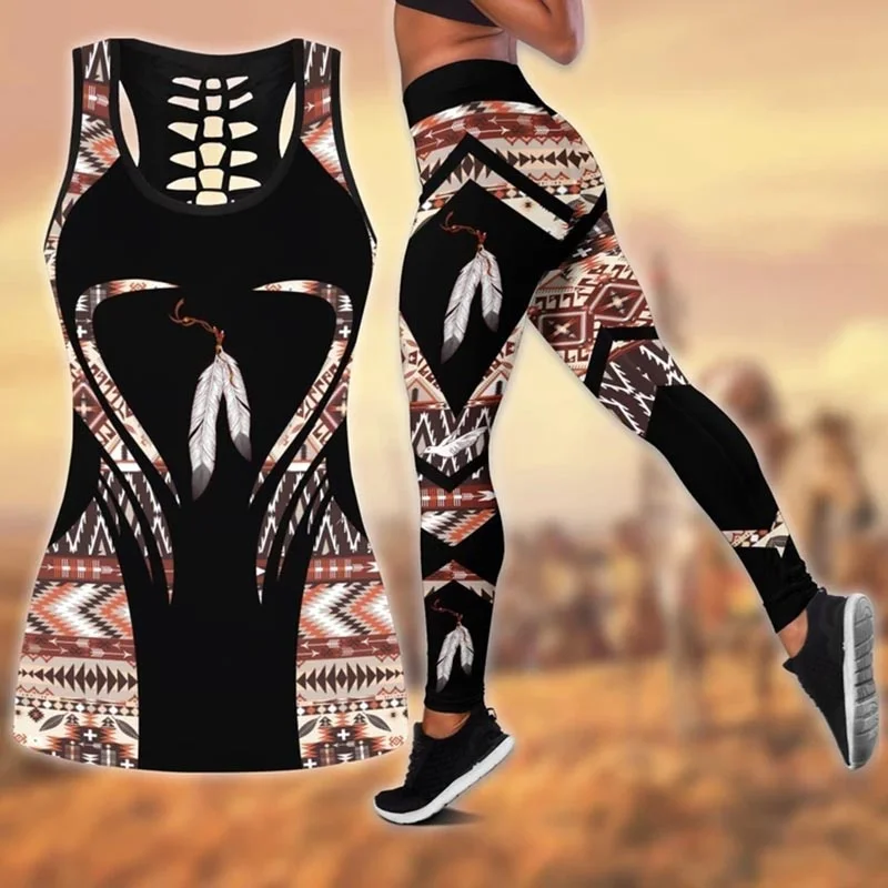 Women-s-Fashion-Feather-Native-American-3D-Combo-Legging-Hollow-Tank ...