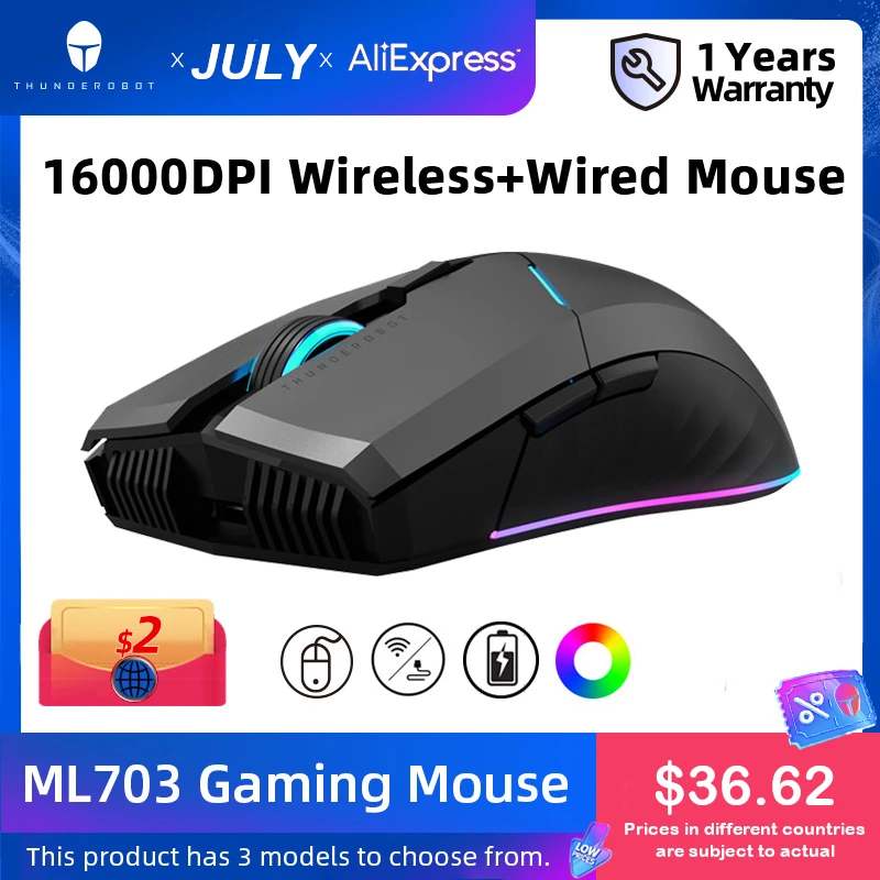 Mouse Para Jogos Sem Fio Thunderobot Ml703 16000 Dpi 1000mah Rgb Gamer Recarregável Com Fio 2.4g ...