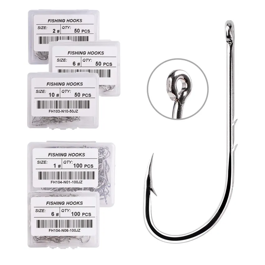 50pcs/Box Silver Long Shank Fishing Hook 1#-12# Fish Hooks High Carbon ...