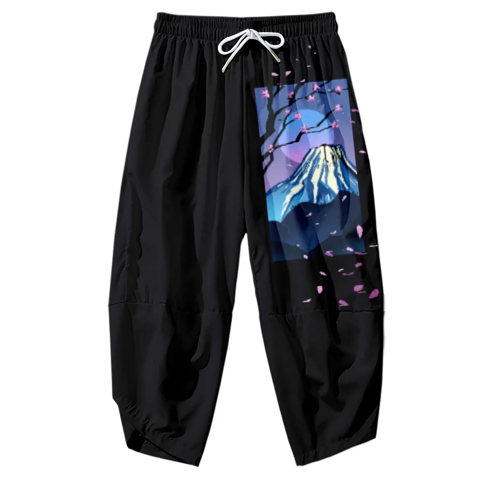 Cartoon Volcano Printed Black Japanese Trousers Casual Elastic Waist ...