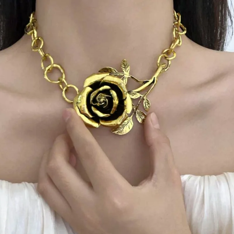 Vintage-Exaggerated-Metal-Rose-Flowers-Pendant-Necklace-for-Women-Girls ...