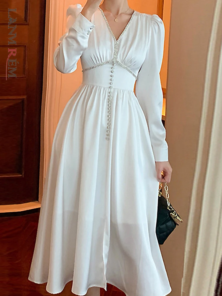 LANMREM-White-Luxury-Gathered-Waist-Elegant-Dress-For-Women-V-neck-Long ...
