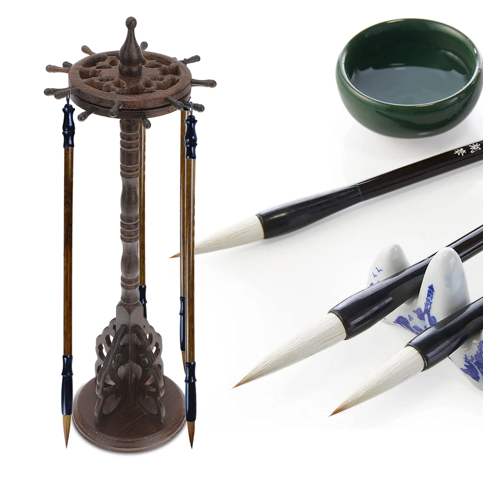 Brush-Calligraphy-Pen-Holder-Rack-Hanger-Chinese-Stand-Wood-Rest-Sumi ...