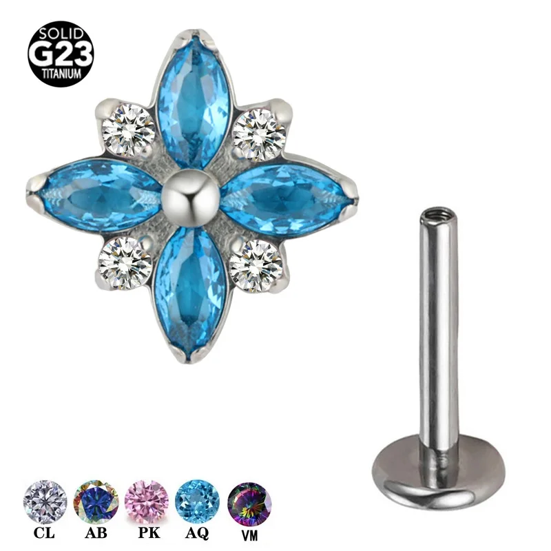 1Pc F136 Titanium Cute 5A CZ Flower Cartilage Crystal Piercing Labret ...