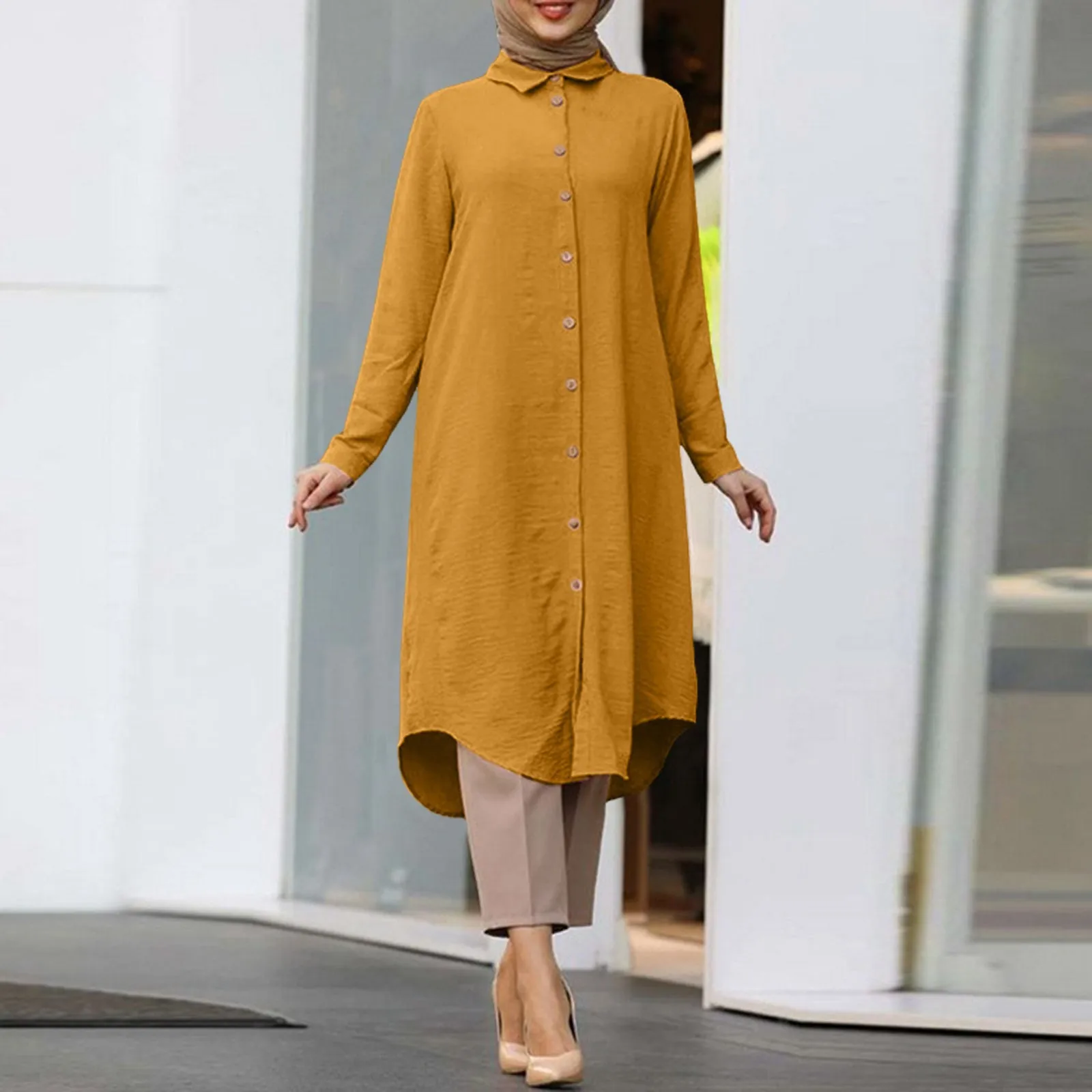 Muslim-Solid-Mid-Length-Shirt-Dress-For-Women-Dubai-Abaya-Fashion ...