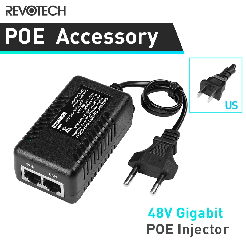 Revotech 48V Gigabit PoE Injector, PoE 48V/0.5A Output with EU/US Cable ...
