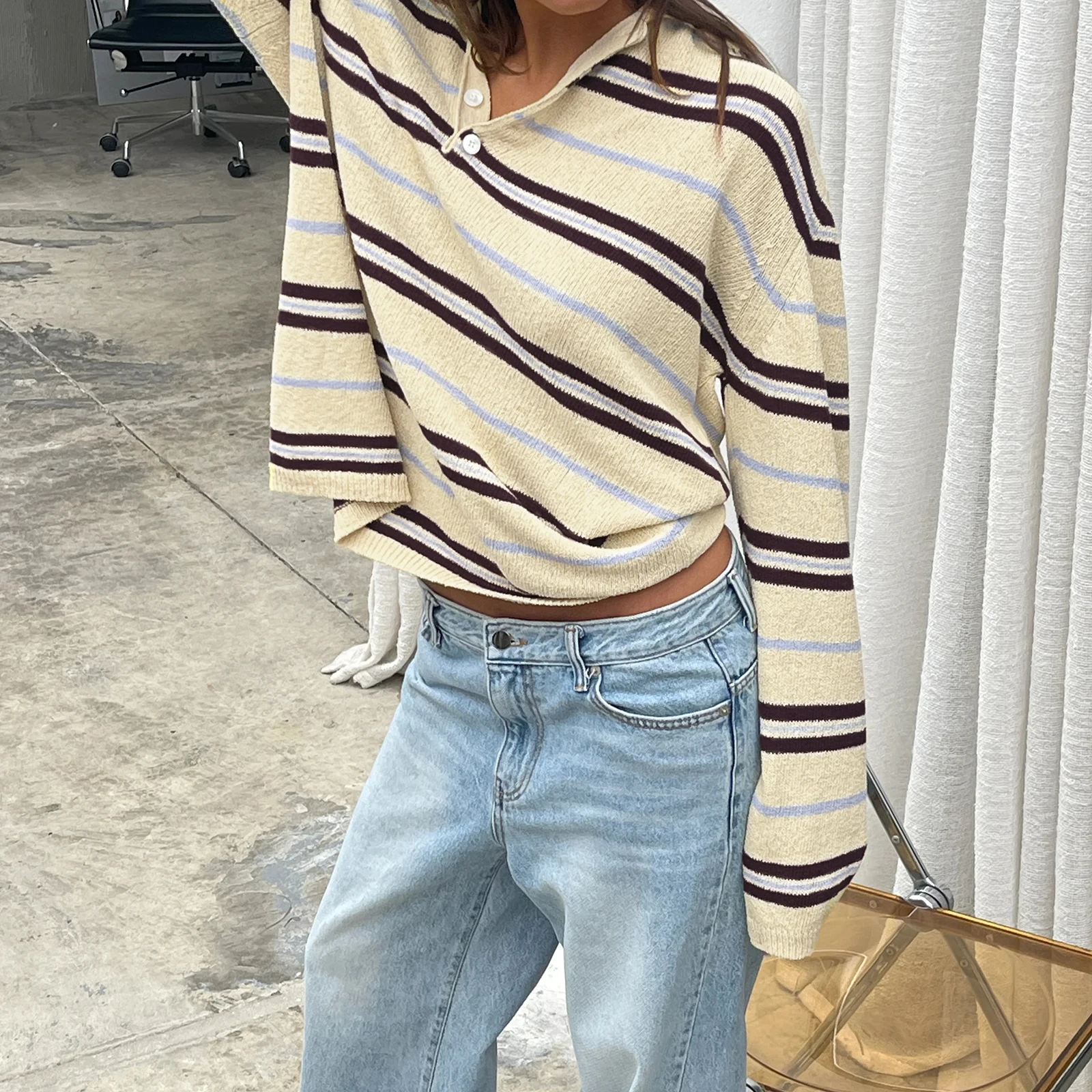 Womens Fall Patchwork Winter Knit Tops Loose Fit Casual Stylish Striped ...