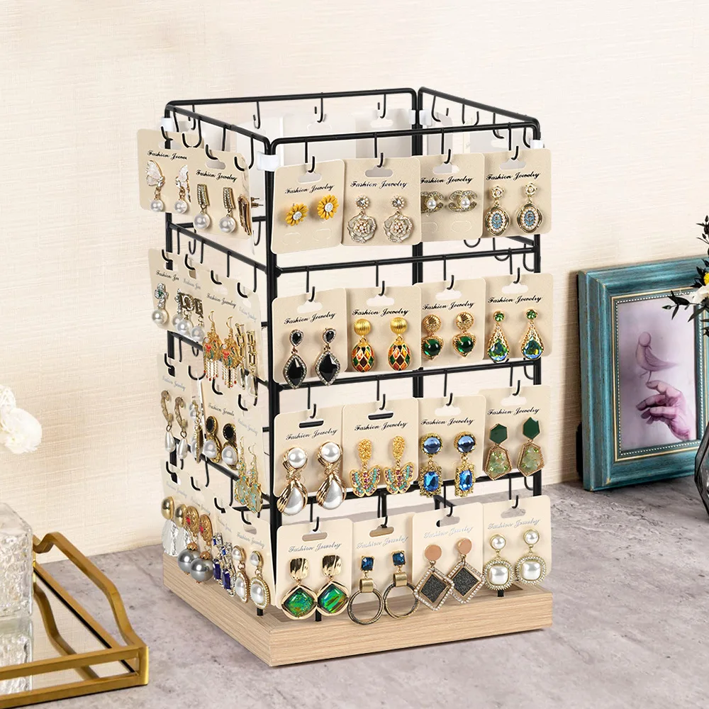 Wood 360 Degree Rotating Jewelry Storage Box Earring Display Stand ...