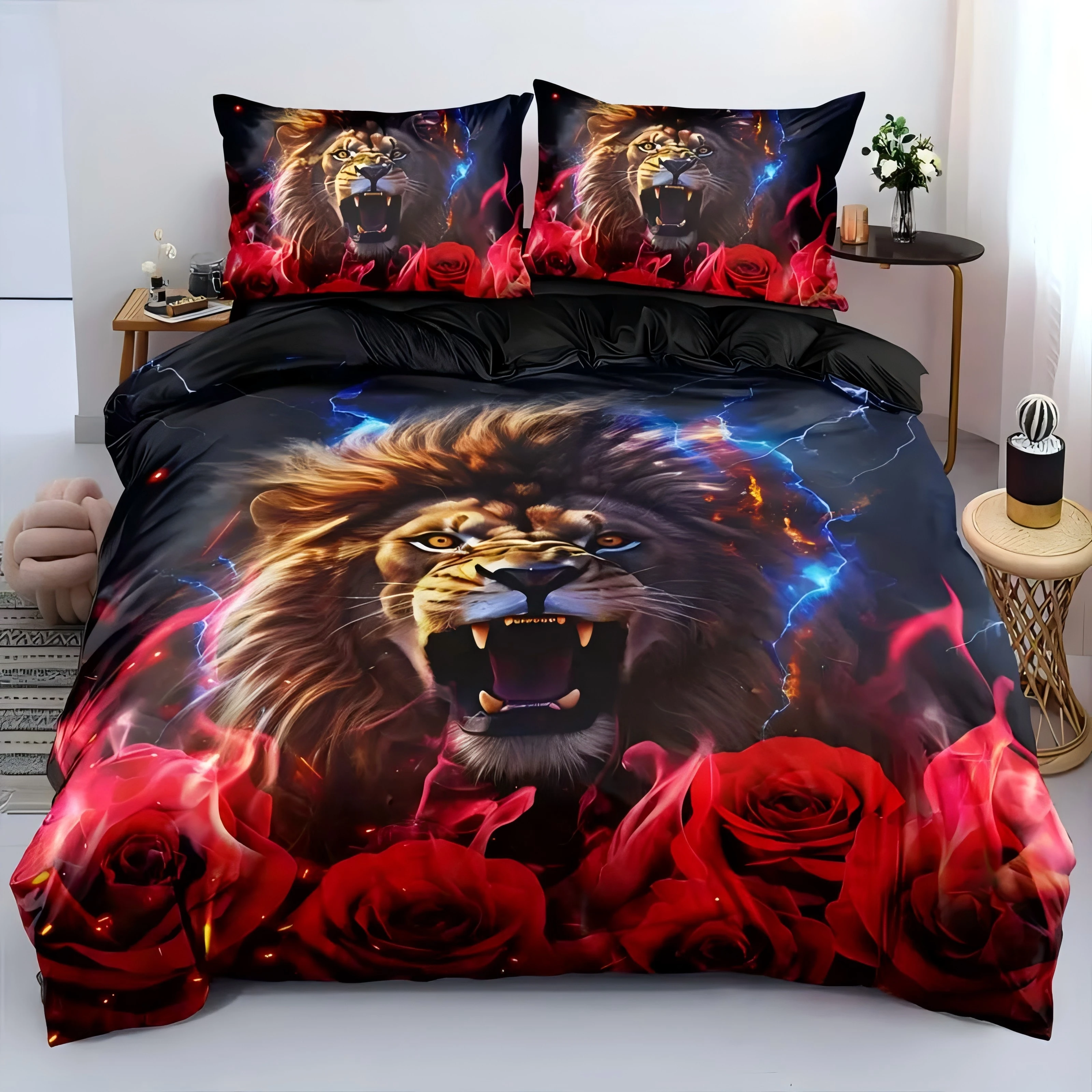 Animal 3D Printed Quilt cover set Blue & Red Rose Lightning Lion ...