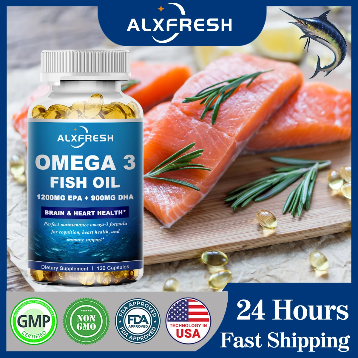 Alxfresh Wild Caught Omega 3 Fish Oil– 120/60 Soft Gels –3600mg High ...