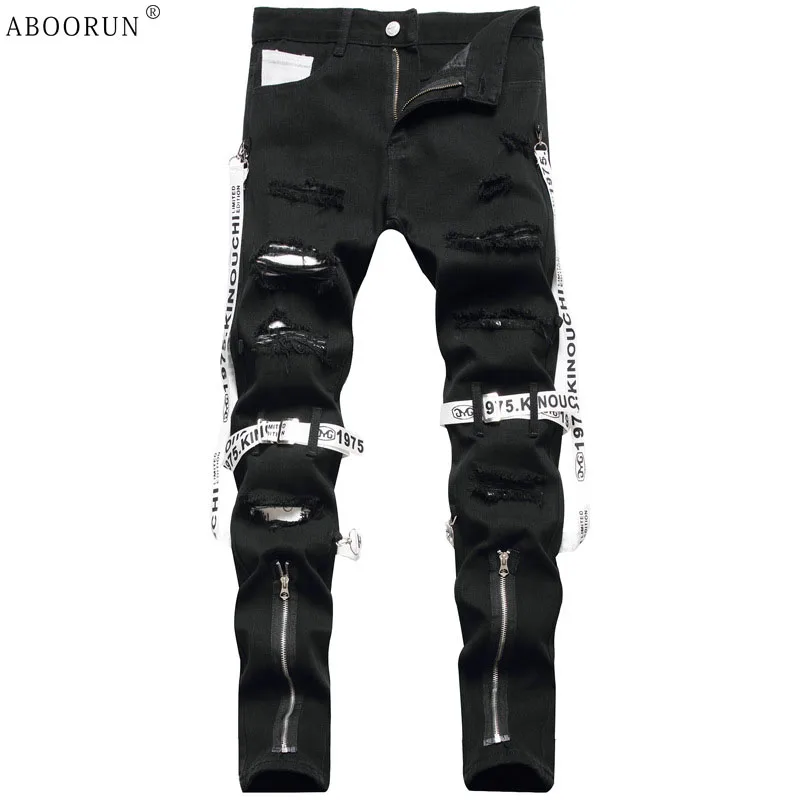 Aboorun masculino punk zíperes jeans com fitas preto rasgado buraco ...