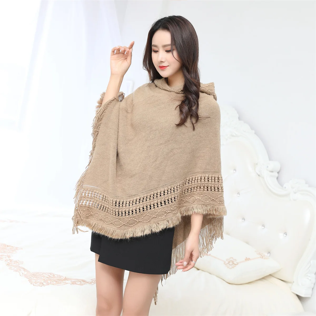 Female-hooded-solid-color-hollow-tassel-plus-size-MM-loose-slim-cloak ...