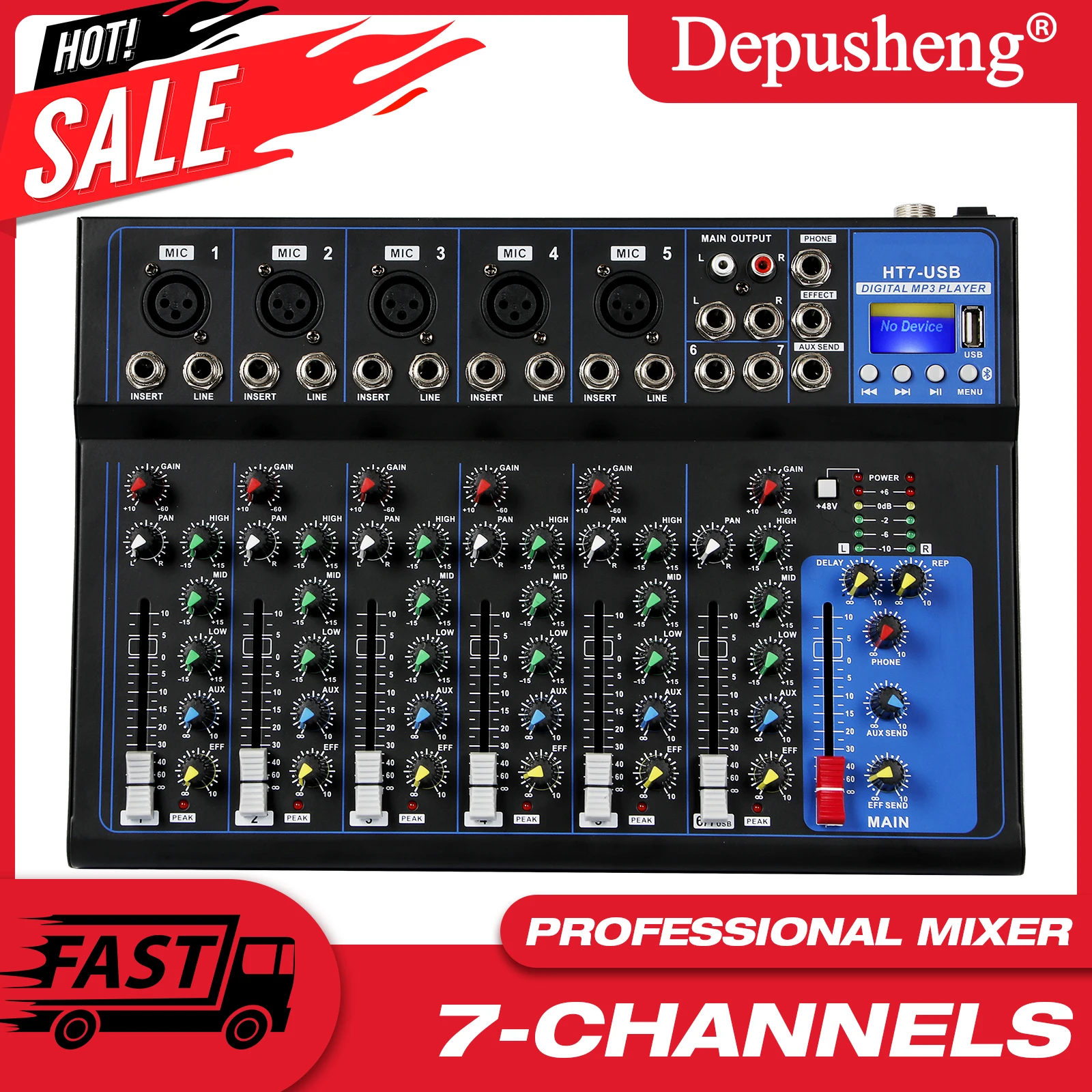 Professional Audio Mixer 7 Channel Portable USB Interface Playback DJ ...