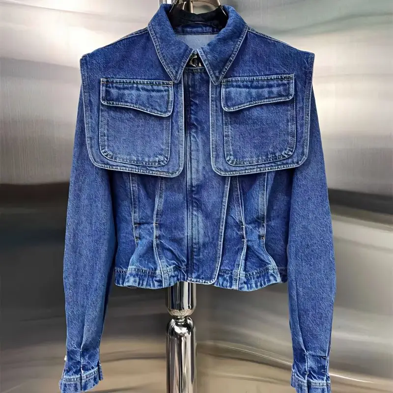 Shawl Pocket Pleated Waist Slimming Short Denim Jacket Women Top Autumn ...