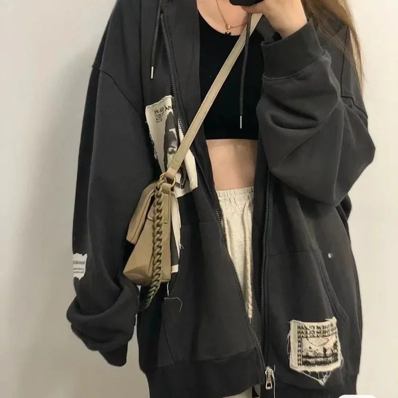 Zip Up Hoodie Grunge Aesthetic Clothes Oversized Sweatshirt with Zipper ...