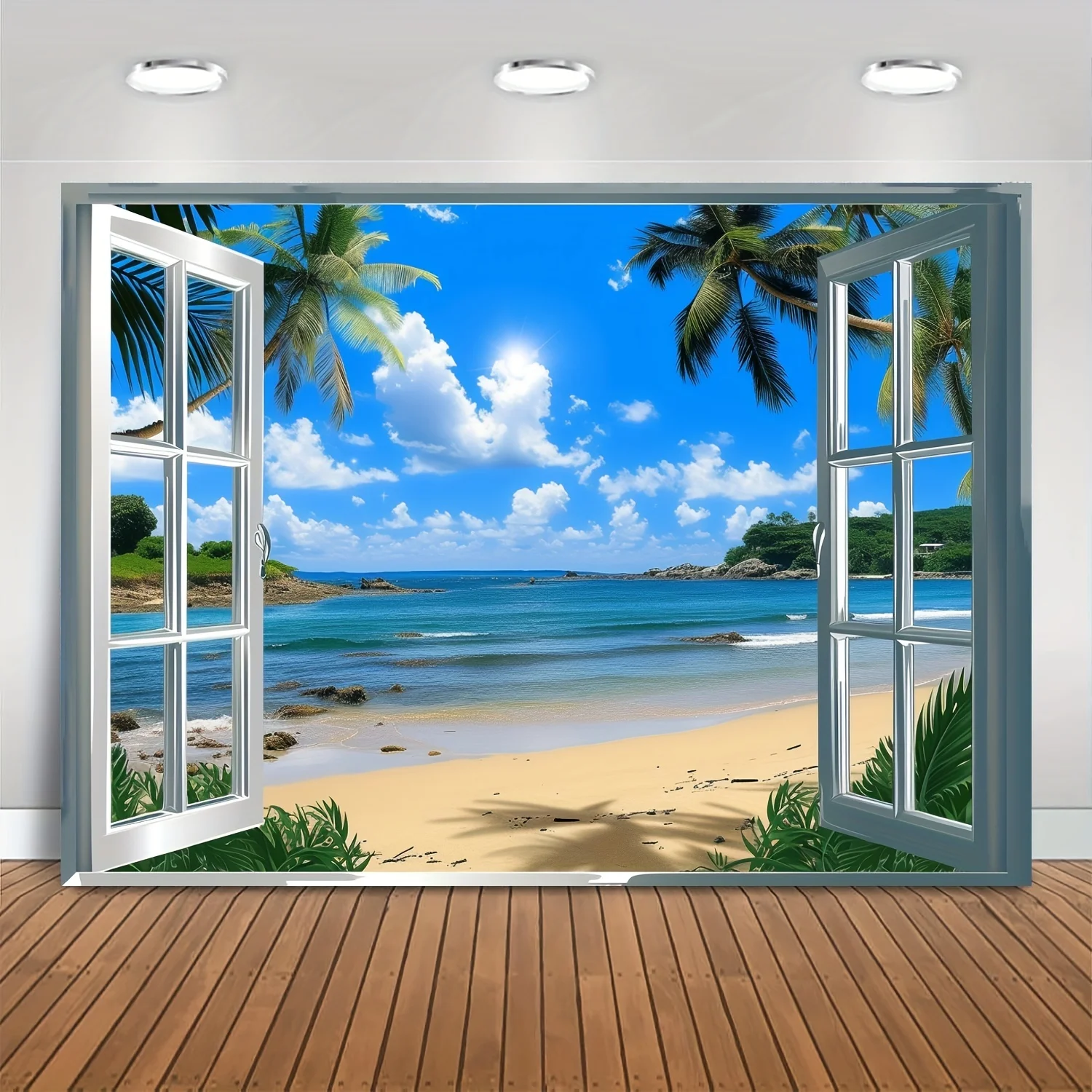 One, tropical island background window view coconut tree waves beach ...