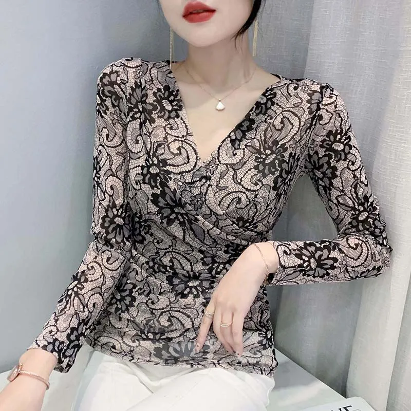 Women-s-Double-Layer-Mesh-T-Shirt-Long-Sleeved-Printing-Slim-Top-Casual ...