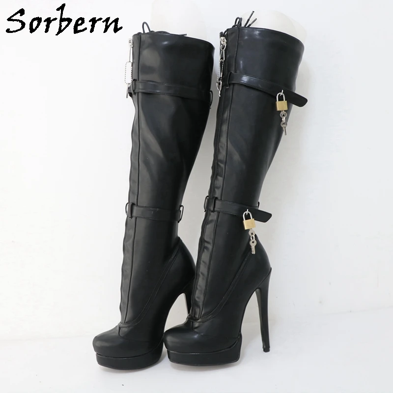 Sorbern Black Fetish Lockable Zipper Boots Women Knee High Double ...