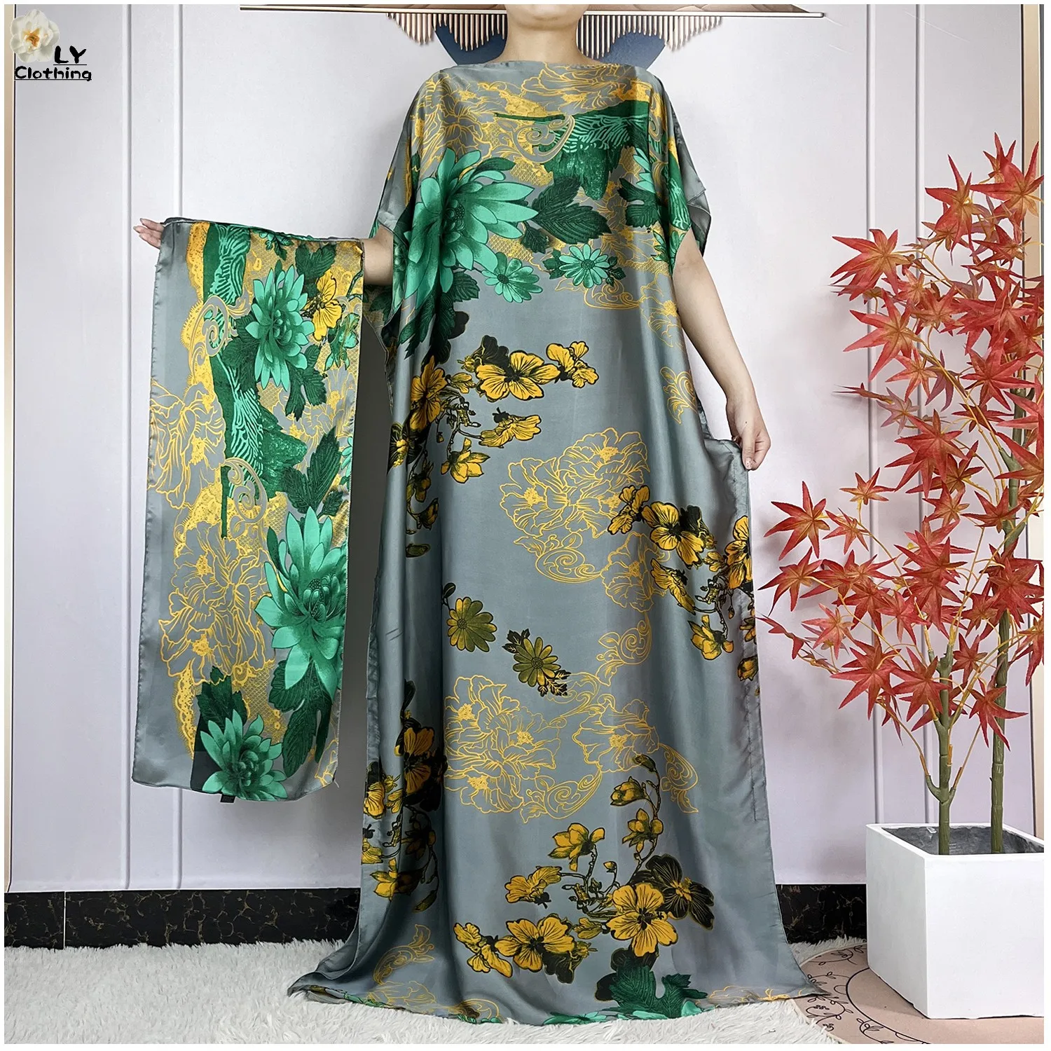 2024 Abayas Woman Short Sleeve Dress Print Loose Silk Soft Robe Elegant ...
