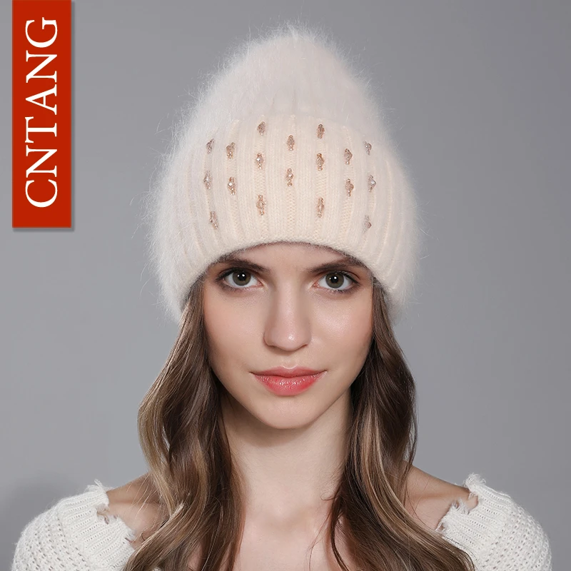 CNTANG Winter Hat For Women Warm Knitted Angora Rabbit Fur Beanies ...