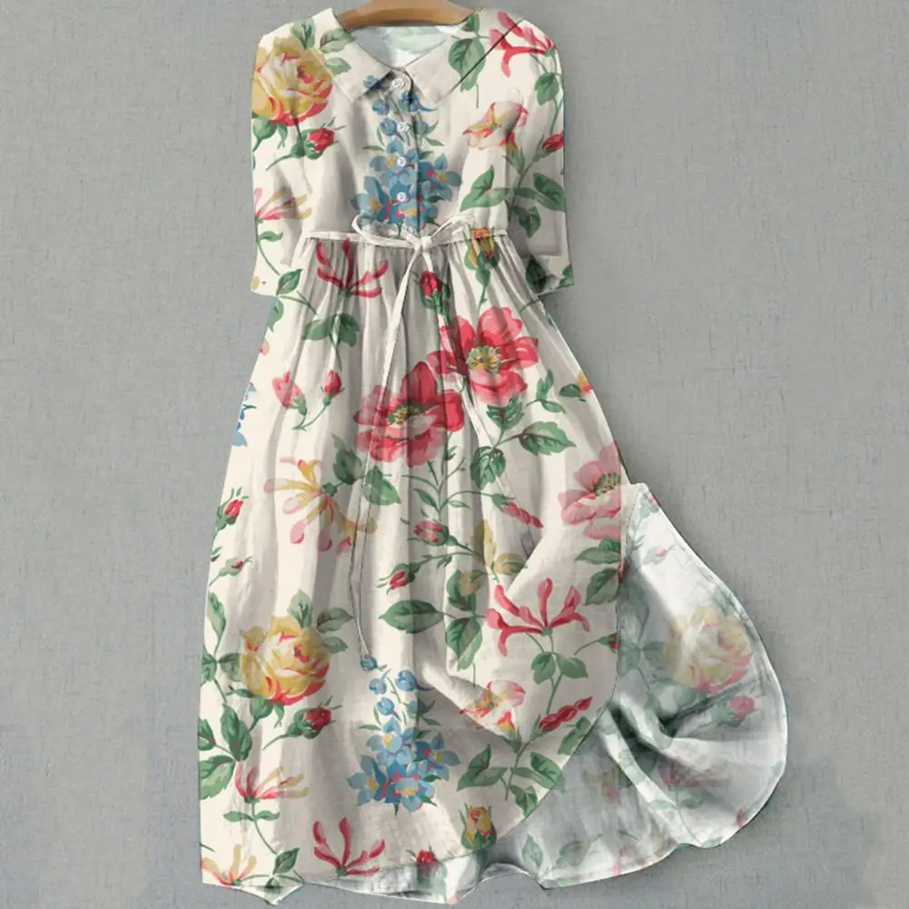 A-line-Dress-Bohemian-Floral-Print-Midi-Dress-with-Lace-up-Detail-A ...
