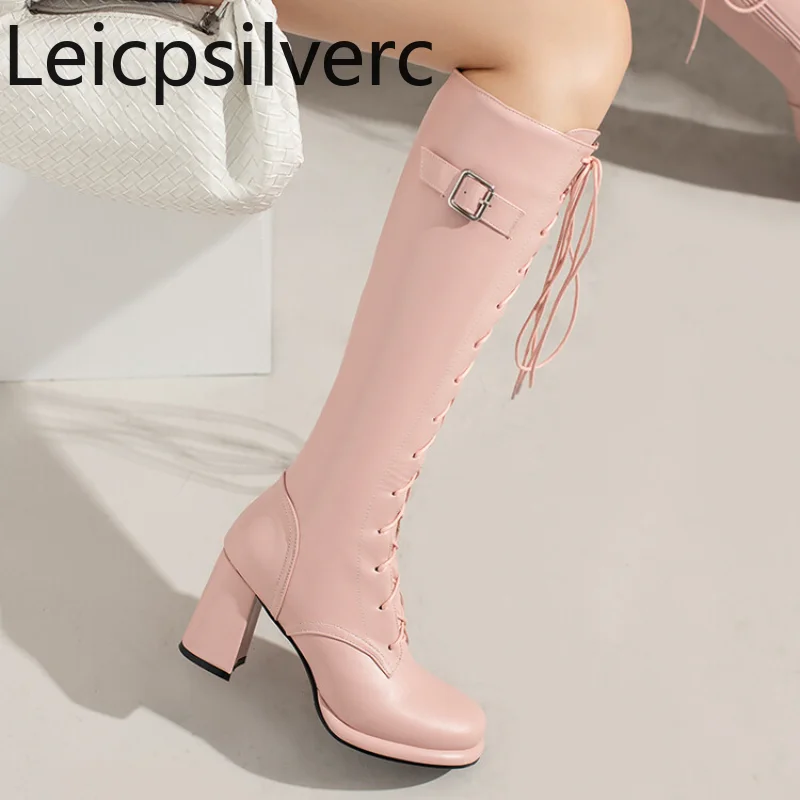 Botas-de-punta-redonda-para-mujer-zapatos-hasta-la-rodilla-atado-en ...