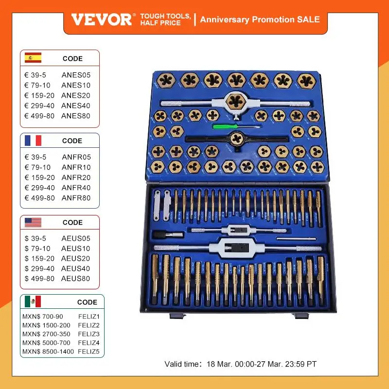 VEVOR Tap and Die Set 86PCS 110PCS Tungsten Steel Titanium Hand ...
