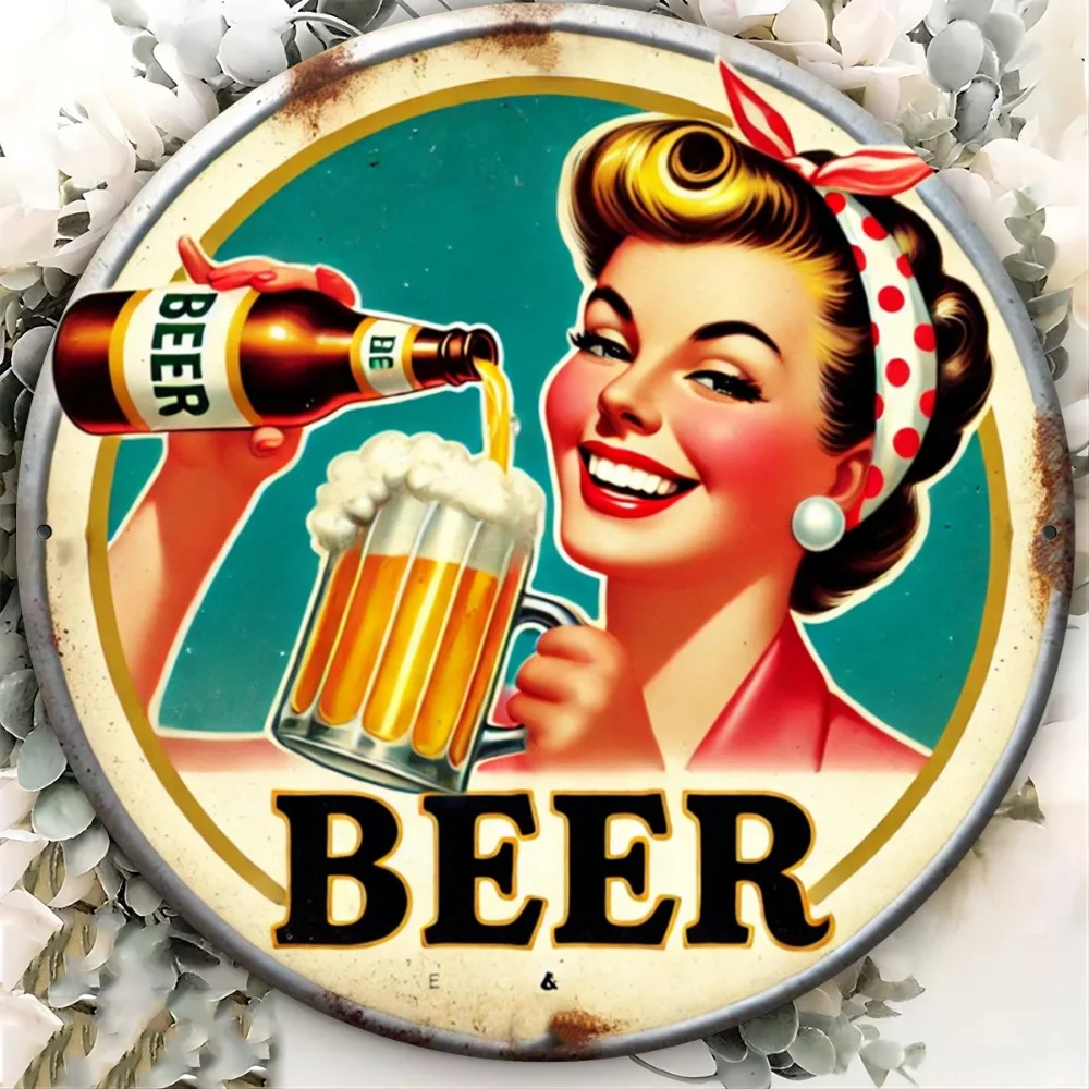 Vintage Beer Lady Metal Sign - Retro Round Iron Wall Decor for Bars ...