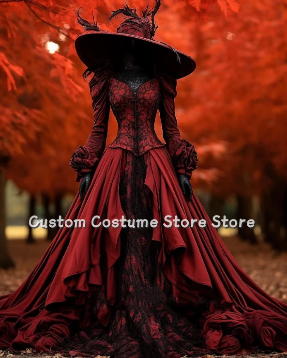 Customized Black Red Victorian Evening Dress Long Sleeve Vampire Gothic ...