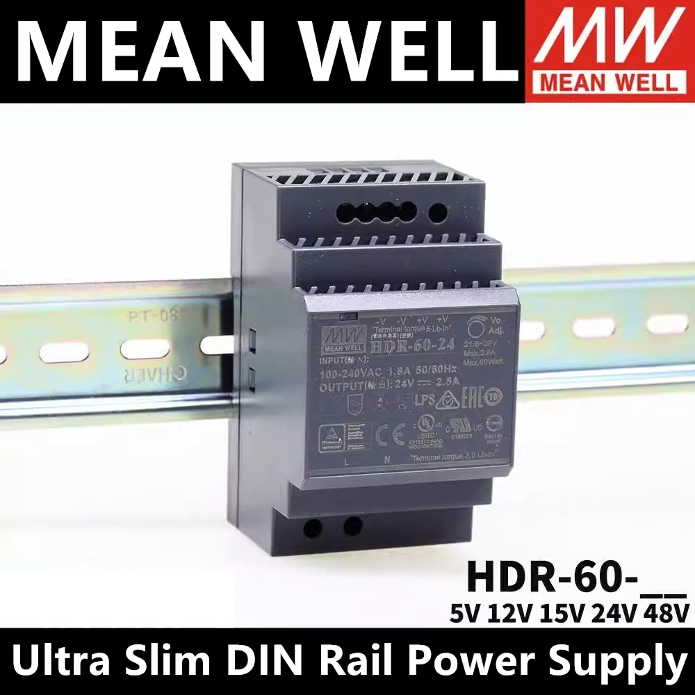 Mean Well HDR-60 60W 85-264VAC TO DC 5V 12V 15V 24V 48V meanwell Ultra Slim DIN Rail Power ...