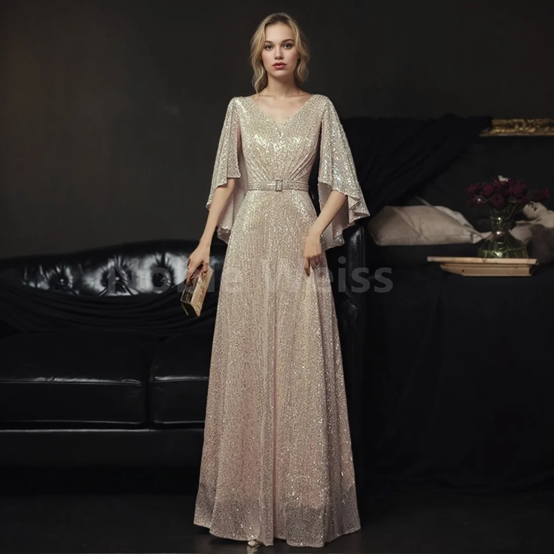 Prom Dresses V-Neck Floor-Length Dresses Woman Party Night A-LINE Prom ...