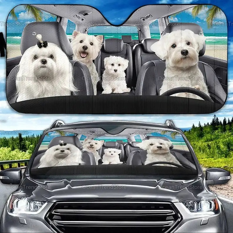 Maltese Family Car Sun Shade, Maltese Auto Sun Shade, Funny Maltese Sun ...