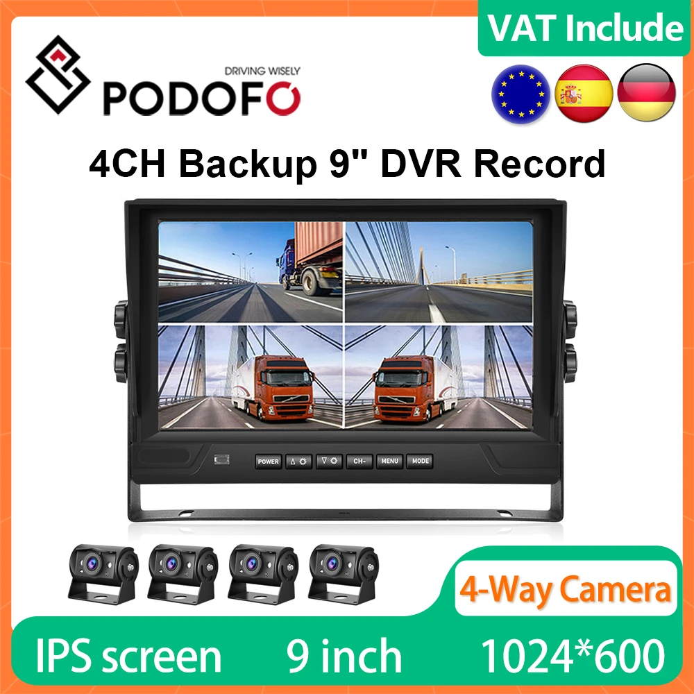 Podofo 4CH AHD Backup Camera System With 9" Monitor 4 Rear View Camera ...