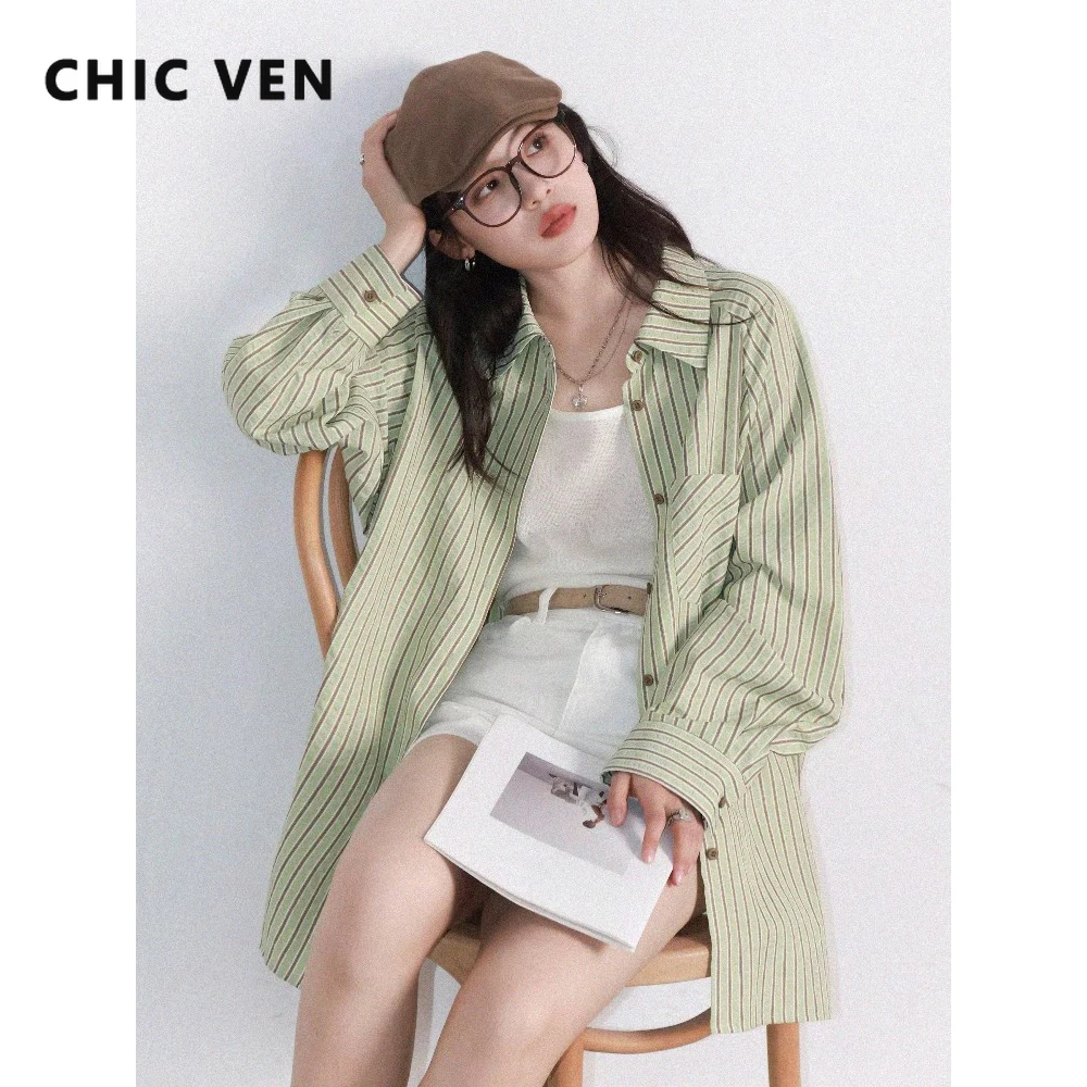 CHIC VEN Women Shirt Single Breasted Loose Casual Vertical Striped Long ...