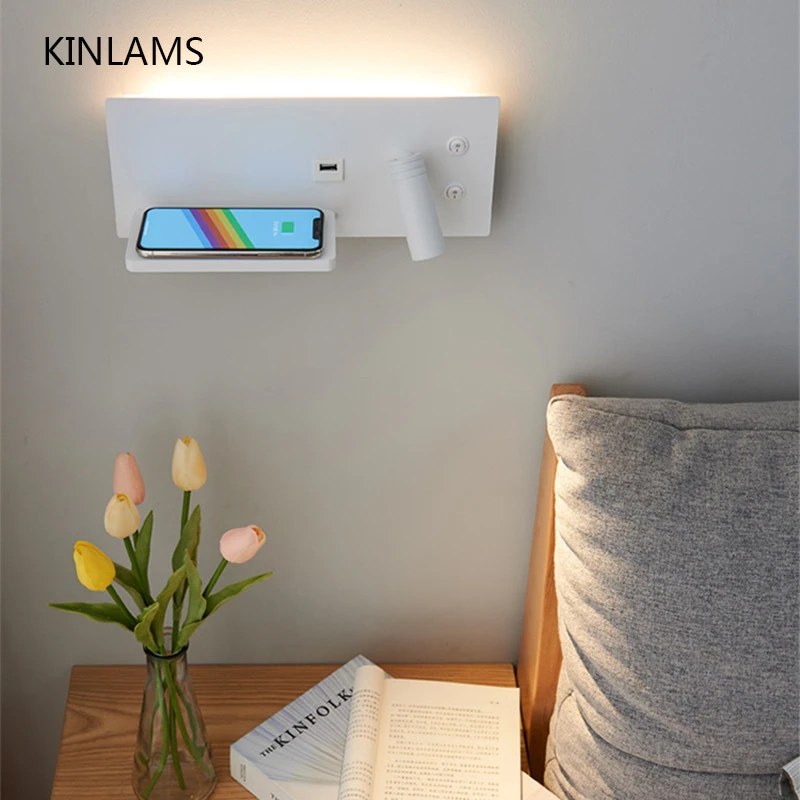 Usb Led 무선 충전 벽 램프 침실 침대 옆 조명 독서 스포트라이트 간단한 공부 거실 스위치 포함 다기능