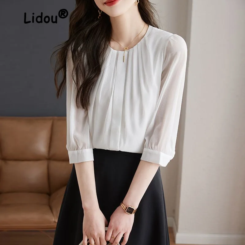 Casual-White-Pleated-Blouse-Women-Classic-Transparent-3-4-Sleeve-O ...