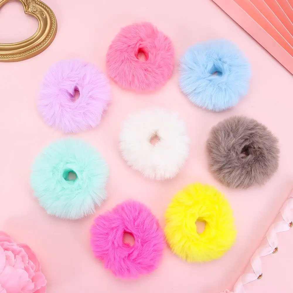 Fuzzy Fur Hair Scrunchies Faux Rabbit Fur Pom Pom Hair Tie Hair Bobbles ...