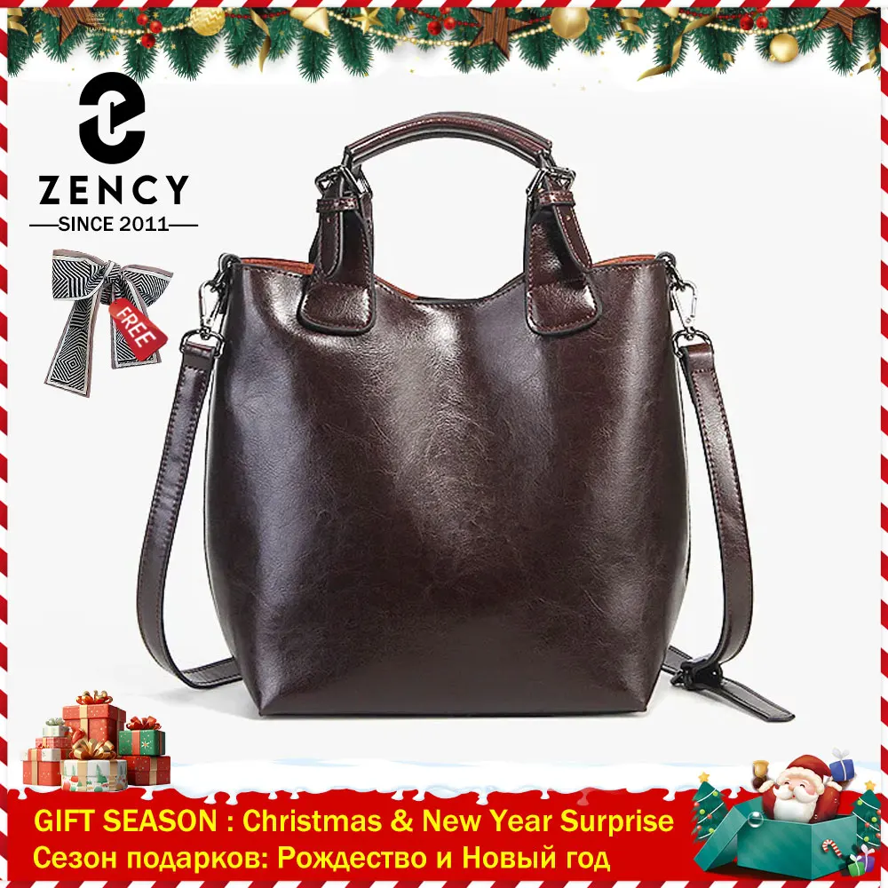 Zency-100-Genuine-Leather-Handbag-Retro-Coffee-Women-Casual-Tote-Bucket-Bag-Classic-Black-Lady ...