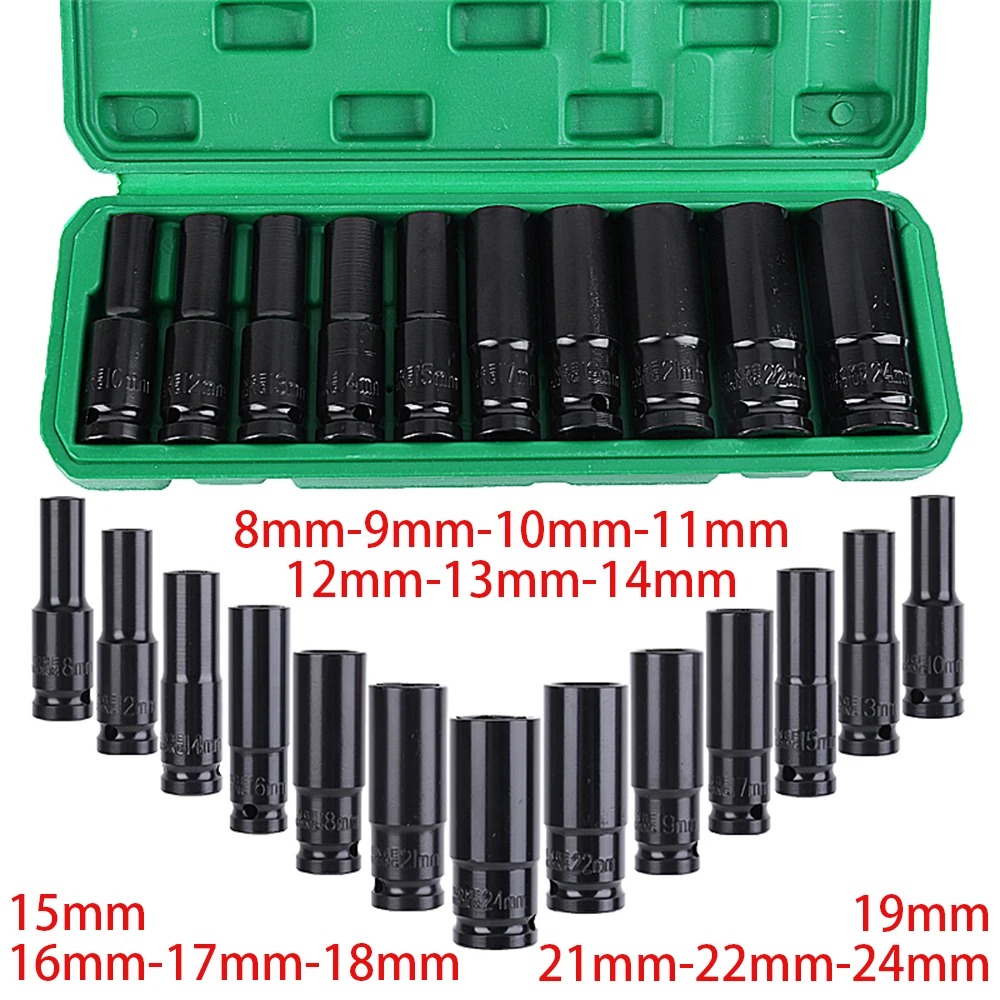 12 딥 임팩트 렌치 소켓 세트 육각 78mm 길이 기계식 워크샵 도구 육각 고탄소강 전기 스패너 8 24mm