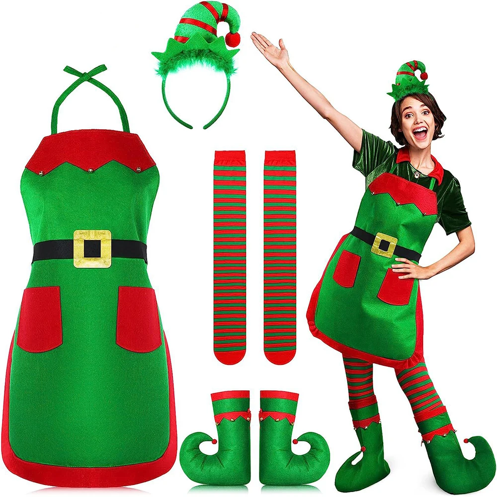 Adults Christmas Elf Costume Xmas Santa Claus Green Elf Apron Tights ...