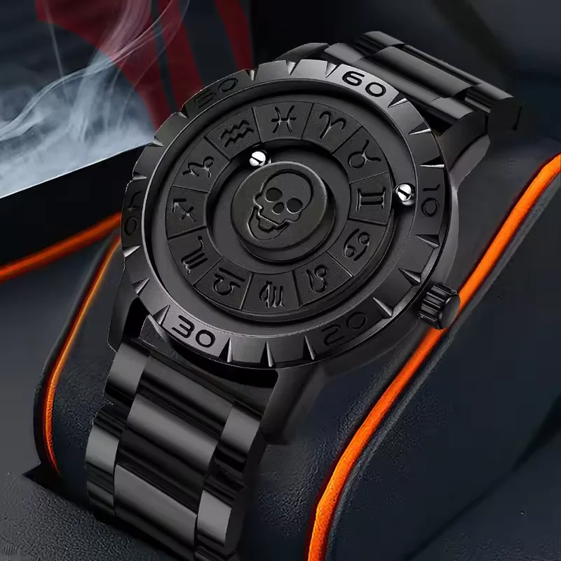 Top Luxury Stainless Steel Alloy Skull Watch Rolling Pointer Magnetic ...