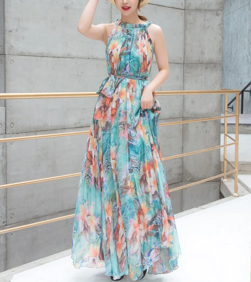 Boho Elegant Flowy Chiffon Women Summer Green Leaf Floral Print Long ...