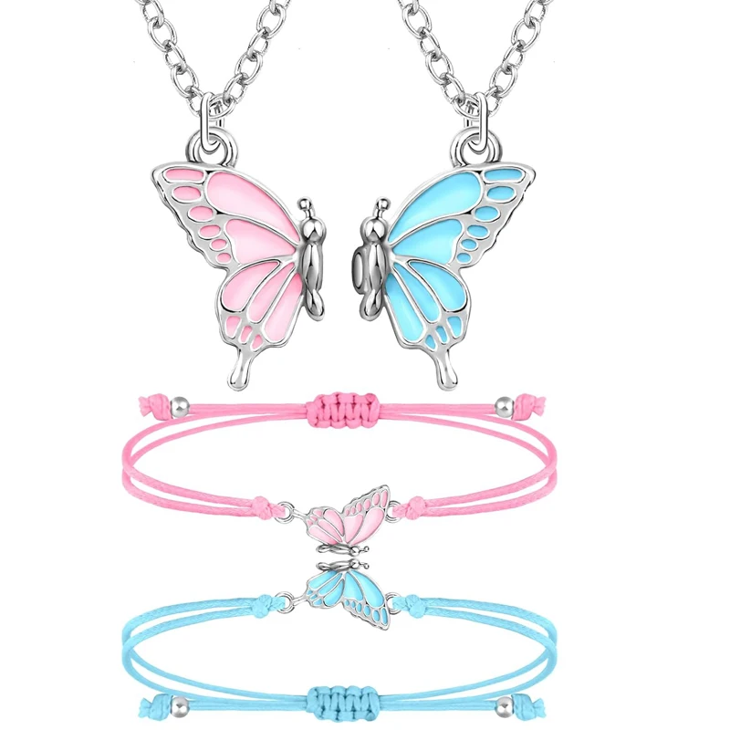 Butterfly-Friendship-Necklace-Bracelet-Set-of-2-Pink-Blue-Butterfly-BFF ...