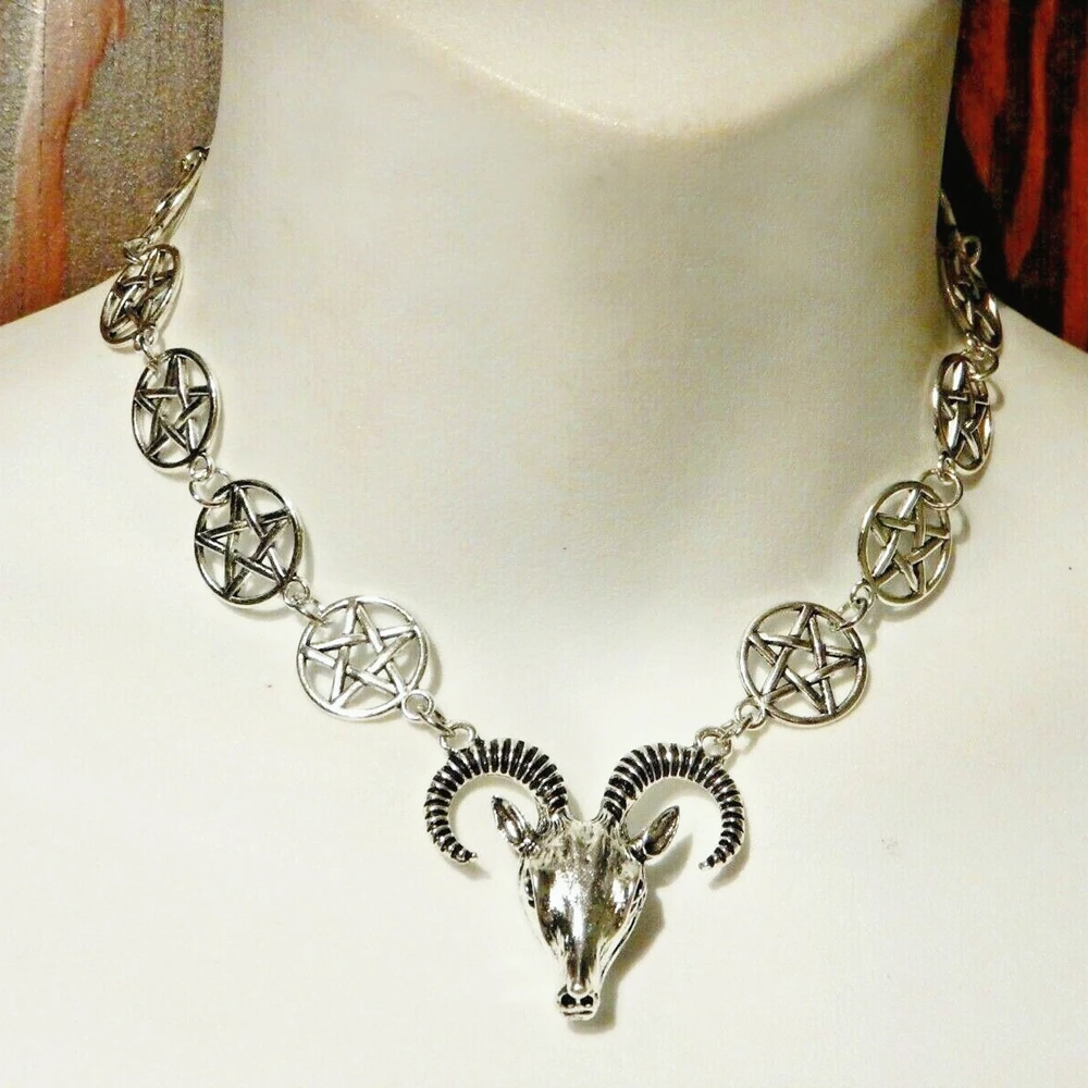 Goat-Head-Choker-Necklace-Ram-and-Pentagram-Chain-Necklace-Baphomet ...