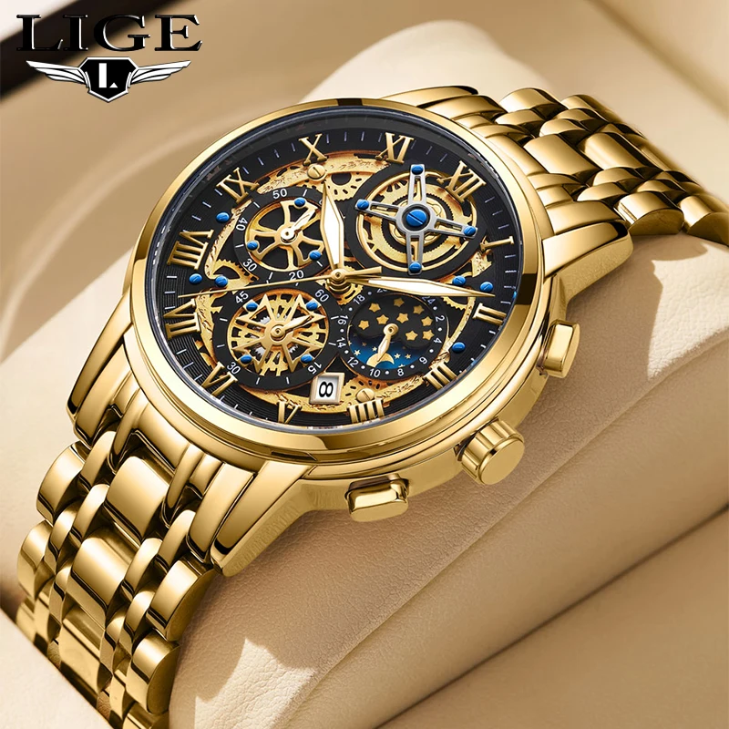 LIGE Gold Luxury Watch Men Quartz Steel Waterproof Sport Watches ...