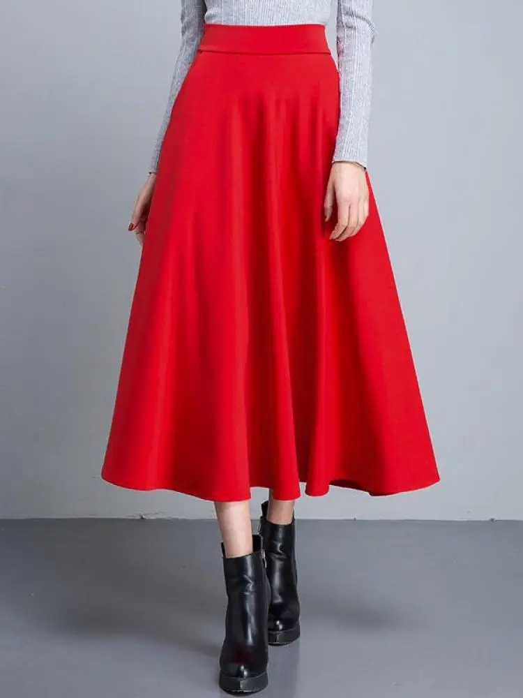 Black-Autumn-Elegant-Pleated-Long-Skirt-For-Women-High-Waisted-Red ...