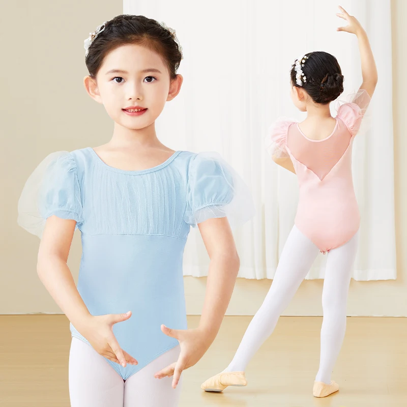 Girls-Ballet-Leotard-Puff-Sleeve-Kids-Dance-Leotard-Shirring-Mesh ...