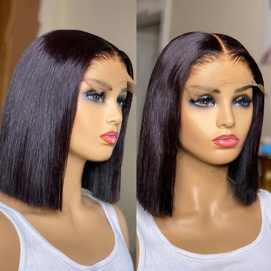 Short Straight Bob Wig Brazilian Human Hair Wigs Transparent 5x1 T Part ...