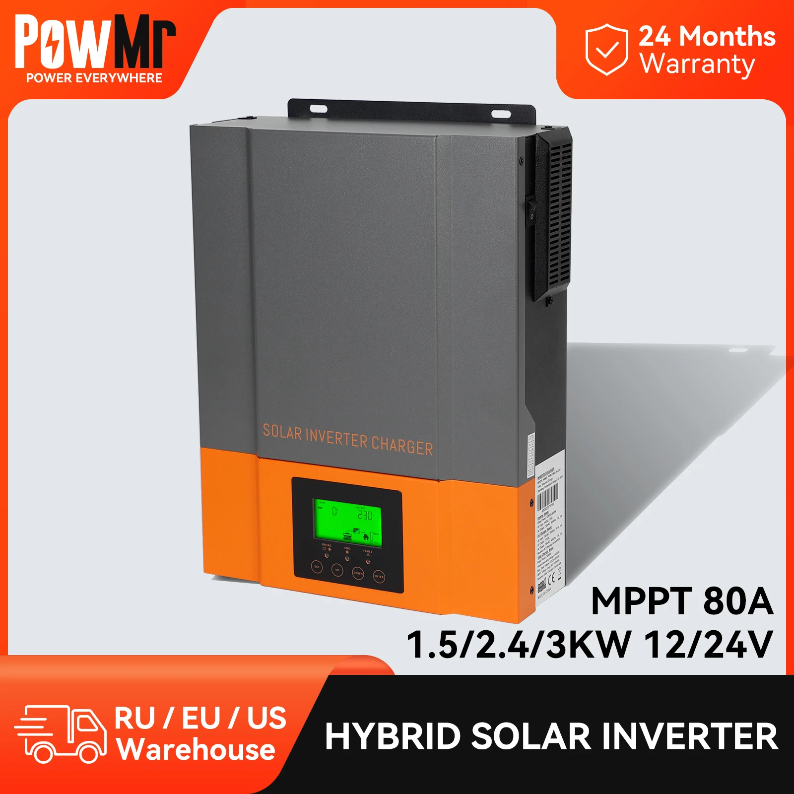 PowMr Hybrid Solar Inverter 12V 24V 3KW 2KW 1.5KW MPPT 80A 220v 230V Converter for Battery ...
