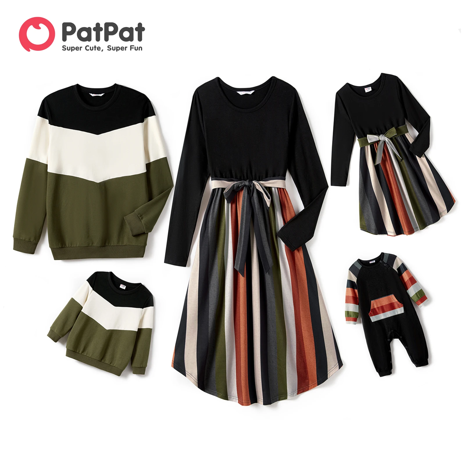 PatPat-Family-Matching-Long-sleeve-Casual-Stripe-Splice-Belted-2-Pieces ...